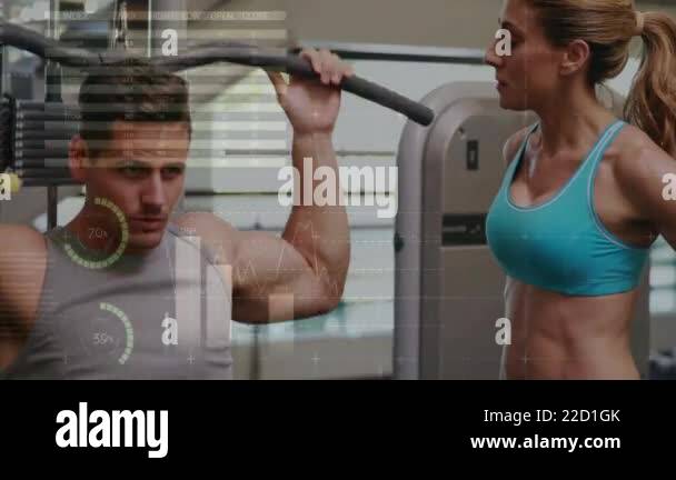 Exercising in gym, fitness data animation overlaying people working out. Workout, exercise ...