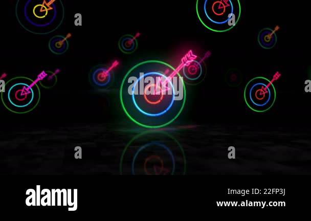 Target arrow and success business strategy neon glowing symbol. Light ...