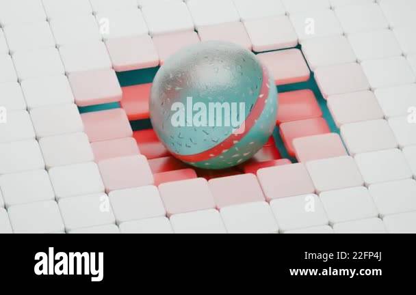 Looping 3D animation of a translucent sphere rolling across tiles that ...