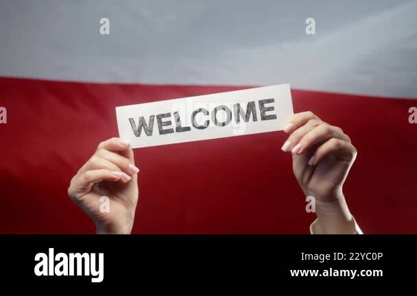 Woman With Welcome Lettering Title Text Cardboard Polish Flag Backdrop ...