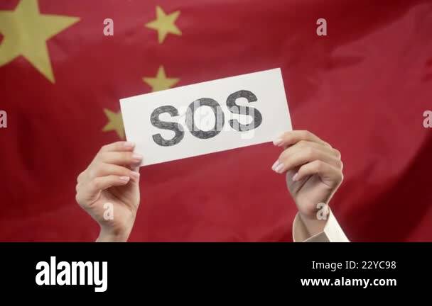 Female Hands With Sos, Alarm, Emergency Card On chinese Flag Backdrop ...