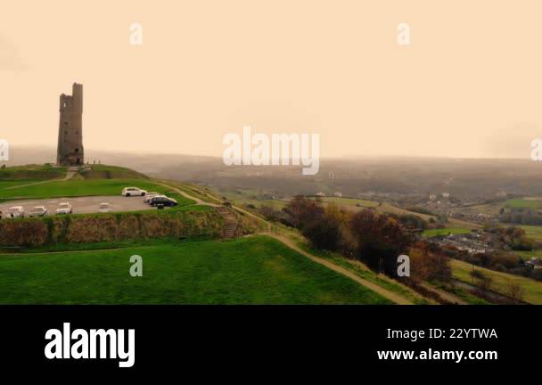 Castle Hill tower in Huddersfield wide drone aerial 4k shot selective ...