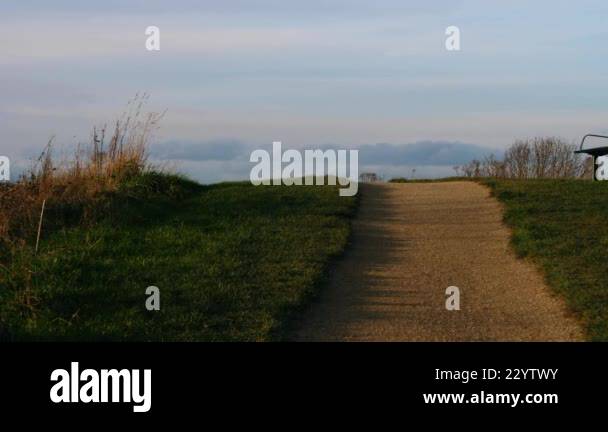 Pathway through Autumn park pathway wide 4k shot selective focus Stock ...