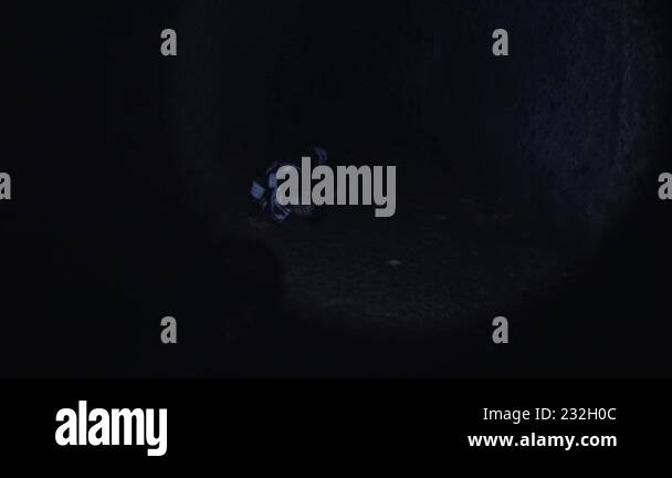 A dimly lit scene showing a person sitting on the ground in a dark ...