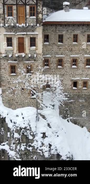 Aerial view of historical christian structure Sumela Monestery, drone ...