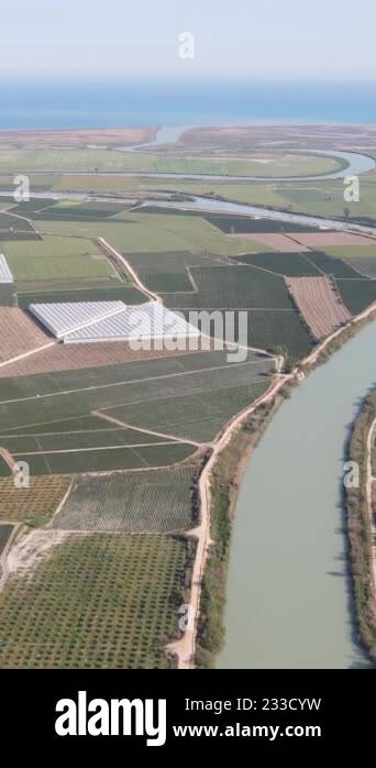 Aerial drone view of the wide delta in Turkey, the river feeding the ...