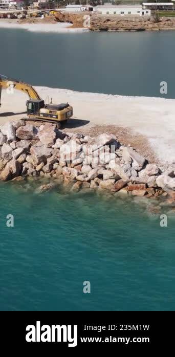 Images of marina construction works, drone view of port construction ...