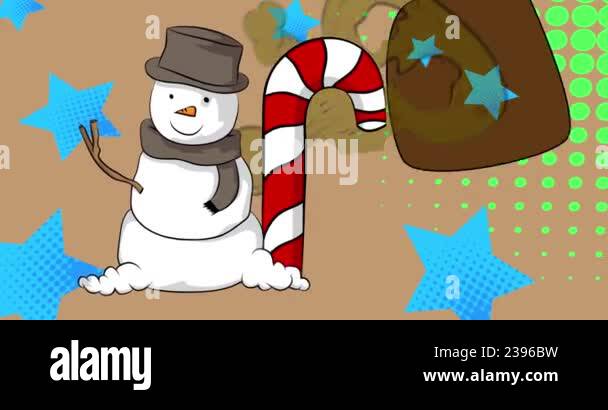 Cartoon Candy cane and Snowman, comic book holiday. Retro vector comics pop art design Stock ...