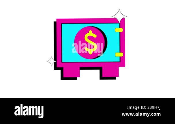 Animated of Pink safe with dollar sign, bright blue background. Ideal ...