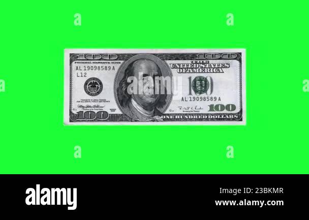 Motion animation - 100 dollar bill on green background. For overlay ...