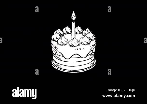 Hand drawn looping animation of a birthday cake white on black ...