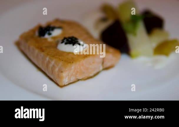 Salmon or trout fillet grilled or roasted or baked in the oven. Healthy ...