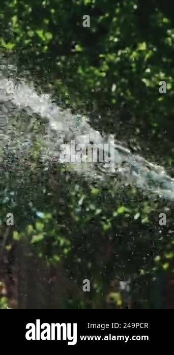 Pure running water flows out of the rubber hose when watering the lawn ...