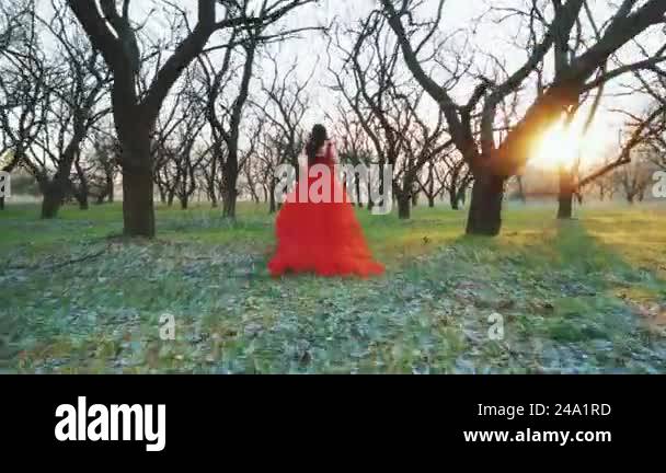 fantasy woman queen walks runs in gothic forest black trees trunk ...