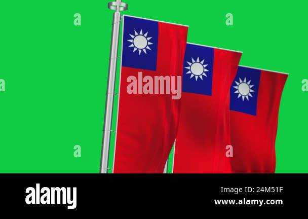 Taiwan vertical flags waving in the wind isolated on green background ...