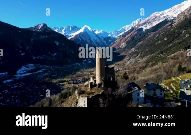Aerial view of Chatelard Castle La Salle Aosta Valley Italy Stock Video ...