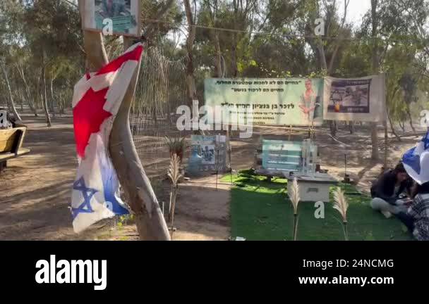 Reim, Israel January 5, 2025: A memorial featuring photographs of young ...