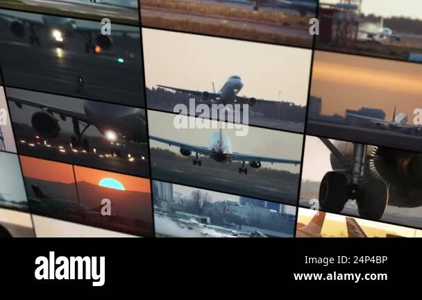 Dynamic airport runway activity featuring airplane departures and ...