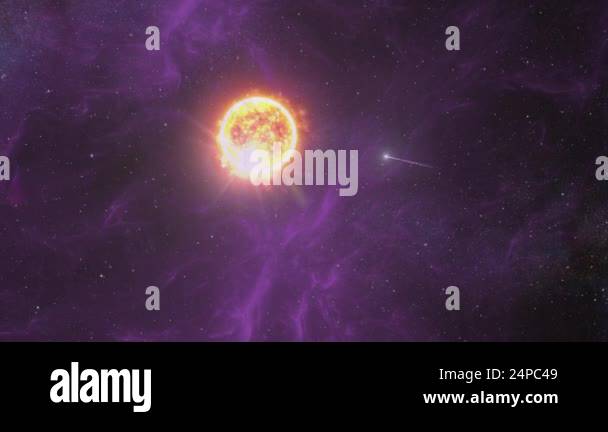 Blinking meteor flying toward the sun purple nebula gas Stock Video ...