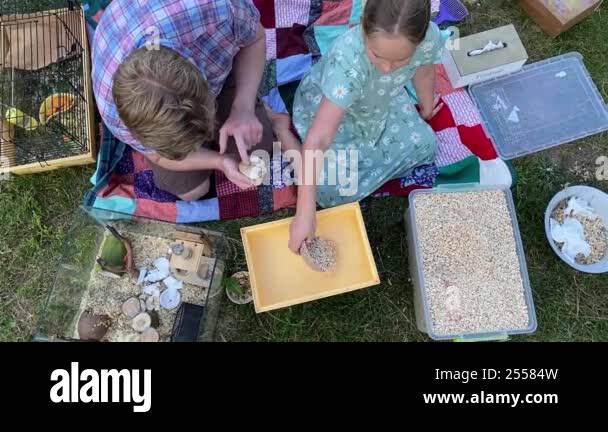 A young father and daughter enjoy quality time together, caring for pet ...