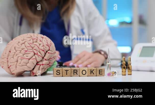 Word Stroke of blocks with human brain model and vials against female ...