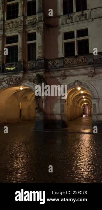 A nighttime view of a historic buildings intricate facade in Dresden ...