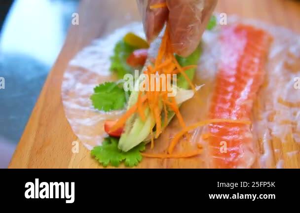 spring rolls making process. Vietnamese summer spring roll making ...
