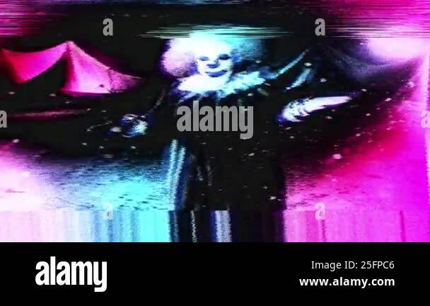 Creepy spooky clown with dust and scratches on tv scrren glitch effect ...