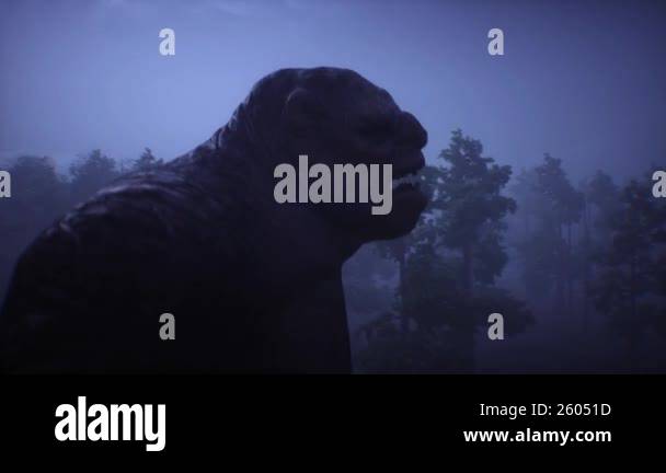 Big ugly scary troll, goblin walk in night fog forest. Horror mystic concept. Realistic 4k ...