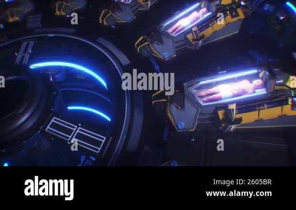 futuristic laboratory with cryocapsules with sleeping peoples. Cryo ...