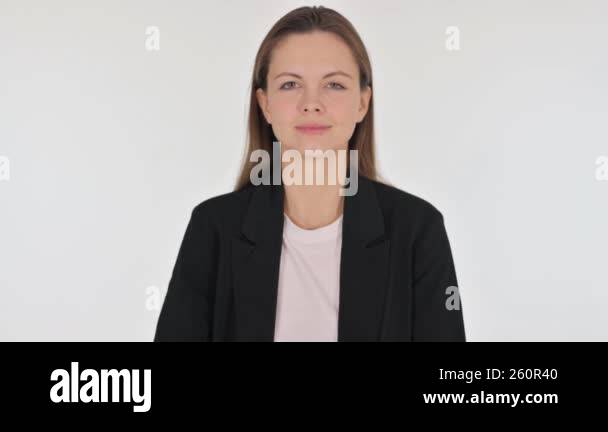 Portrait of Tense Businesswoman in Denial on White Background Stock ...