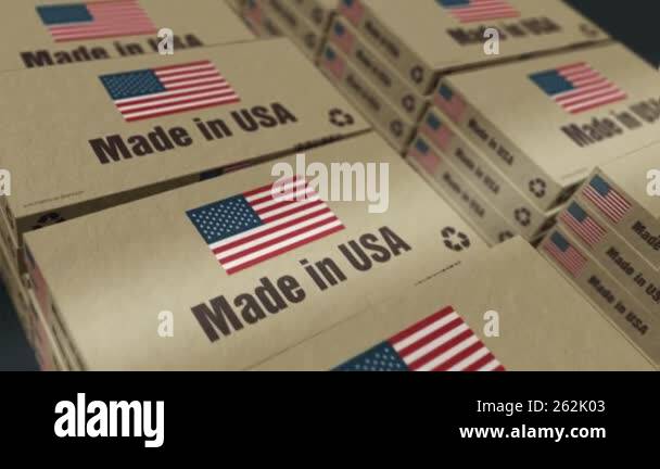 Made in USA box production line. American export import Cardboard pack ...