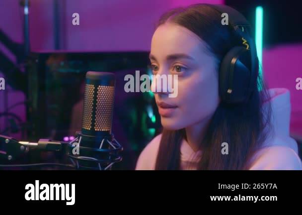 Caucasian woman female girl user gamer streamer radio with microphone ...