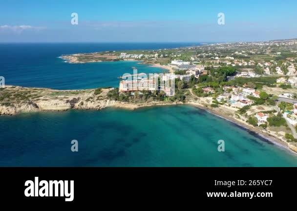 Aerial panoramic view of Coral bay beach, Cyprus. Overhead view of ...