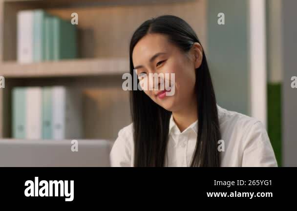 Happy positive Asian Japanese office worker manager business woman ...
