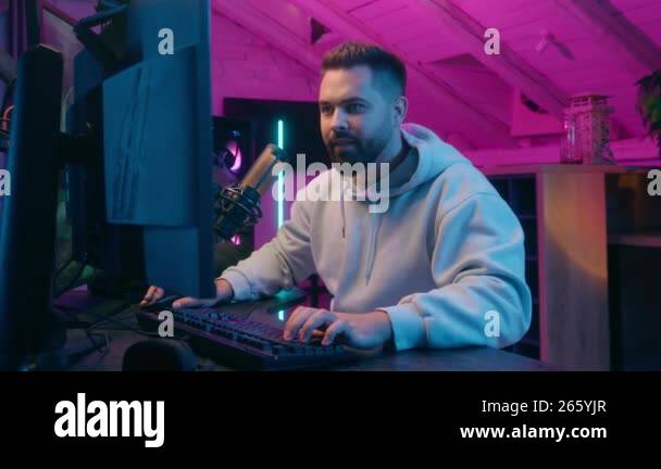 Caucasian man male guy gamer user streamer addiction online video game ...