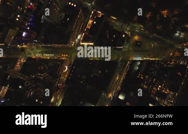 Aerial view of a busy intersection in Manhattan, New York City at night ...