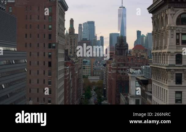 Aerial view of the tribeca neighborhood in New York City. The camera ...