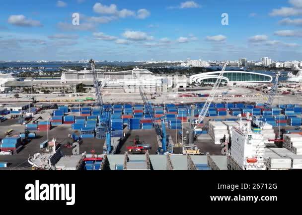 Miami port loading container. Aerial view cargo business logistics ...