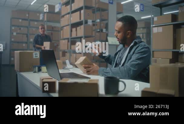 African American logistics manager scans parcel with barcode scanner, talks to colleague, uses ...