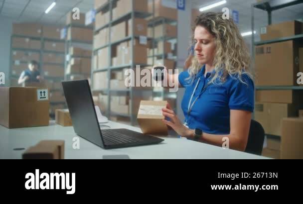 Female inventory manager scans parcels with barcode scanner, prepares ...