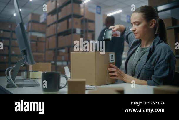 Female inventory manager scans parcel with barcode scanner, prepares for shipping to customer ...