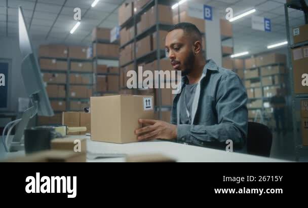 Postal service: African American logistics specialist scans parcel with barcode scanner ...
