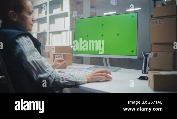 Distribution Center: Female Logistics Specialist Works on Computer in ...