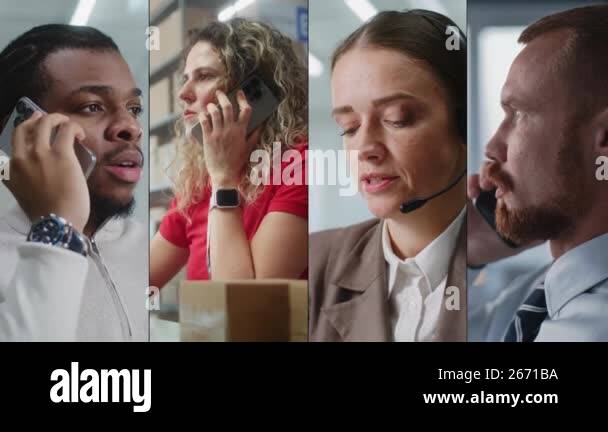 Edited Collage of Multiethnic Businesspeople Talking by Mobile Phones, Headsets. Group of People ...
