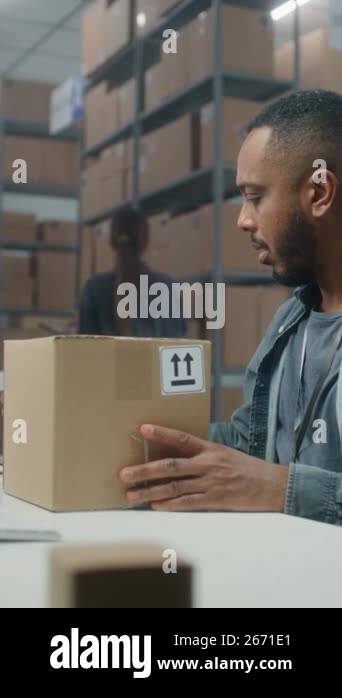 African American warehouse clerk scans parcel with barcode scanner, uses computer, works in post ...
