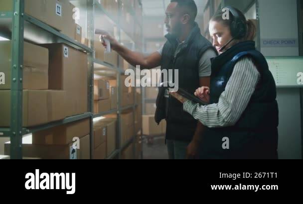 African American Employee Scans Parcels with E-Commerce Goods with Scanner. Female Warehouse ...