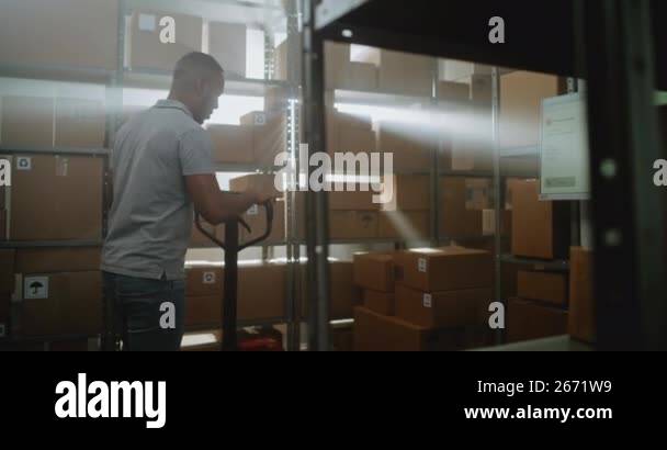 African American Sorting Center Worker Unloads Pallet Truck, Places Cardboard Boxes, Parcels on ...