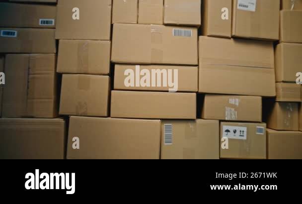 Portrait of Crazy Female Warehouse Worker Pushing Cardboard Boxes ...