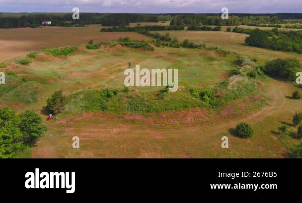 Aerial view of ancient Muhu country castle, rampart surrounding a round ...